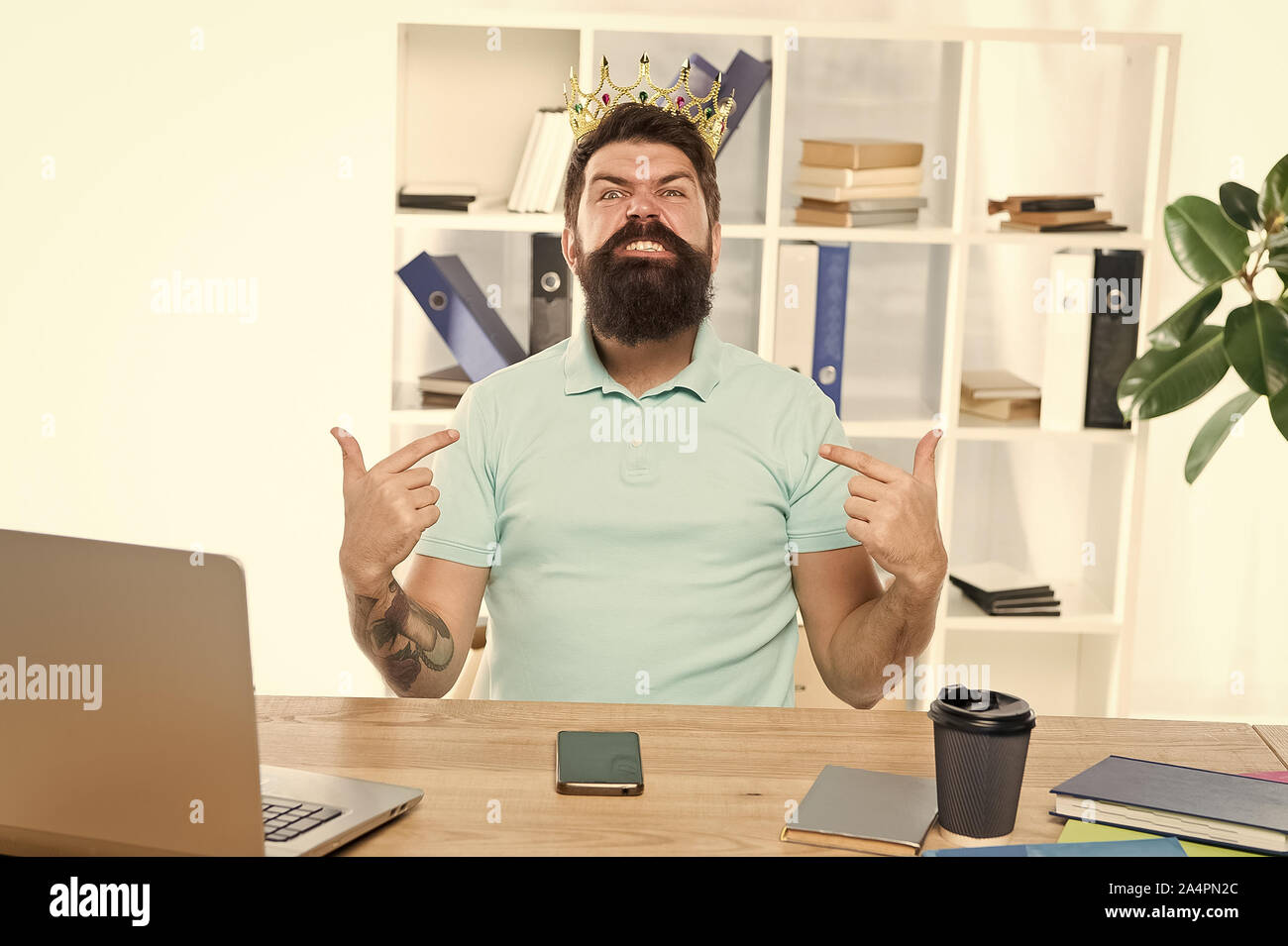 Superiority and self confidence. King of office. Serious boss at work ...