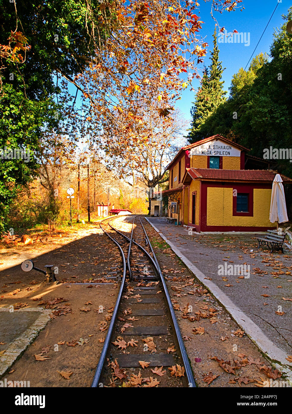 Old empty traditional railway station, Mega Spileon, Kalavryta Greece ...