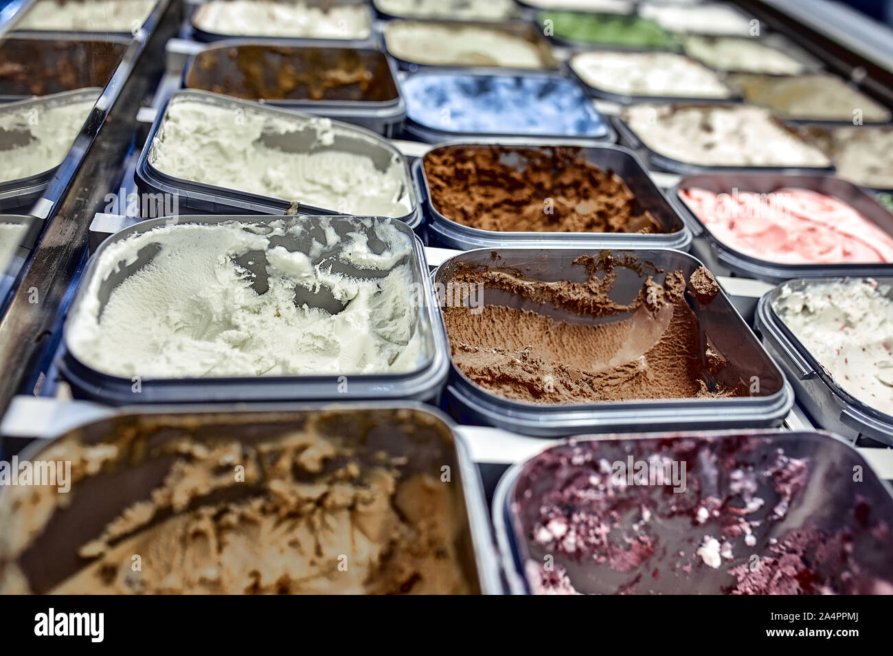 Ice cream showcase with lots of different sorts of ice cream Stock ...