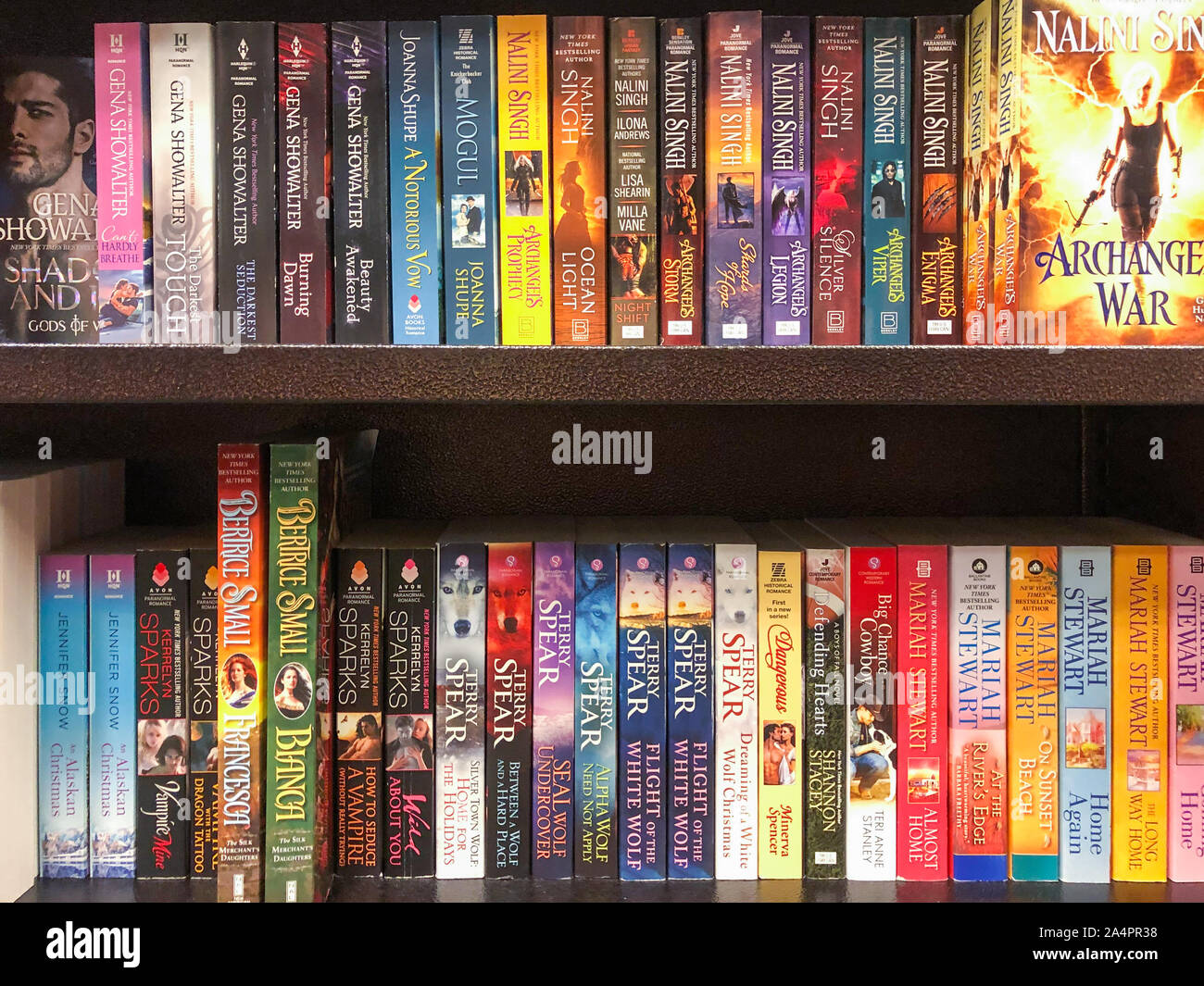Rows of different colorful books lying on the shelves in the modern ...