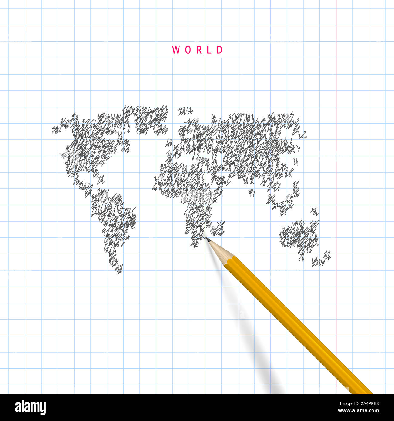 Sketch scribble world map drawn on checkered school notebook paper ...