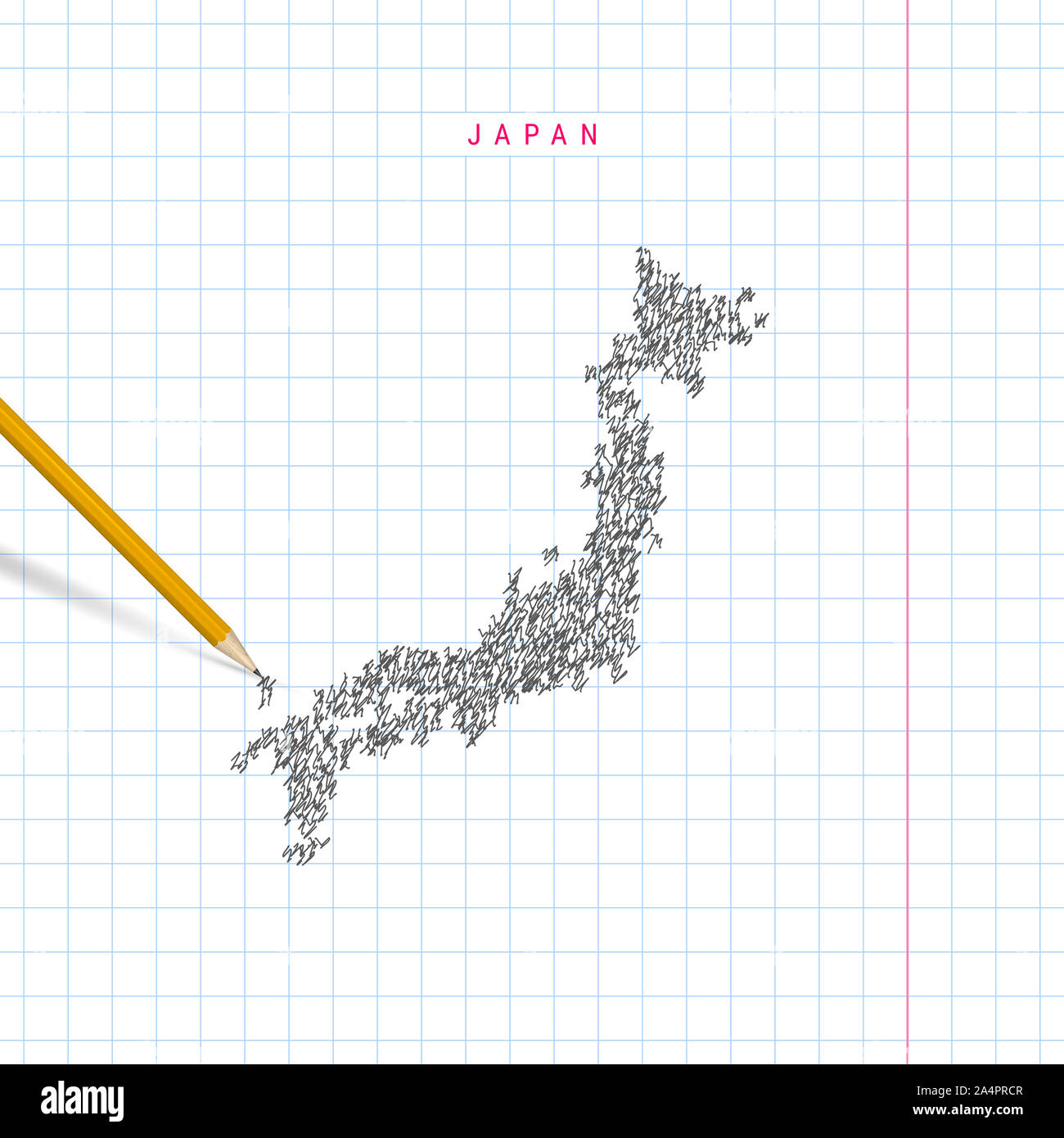 Japan sketch scribble map drawn on checkered school notebook paper ...