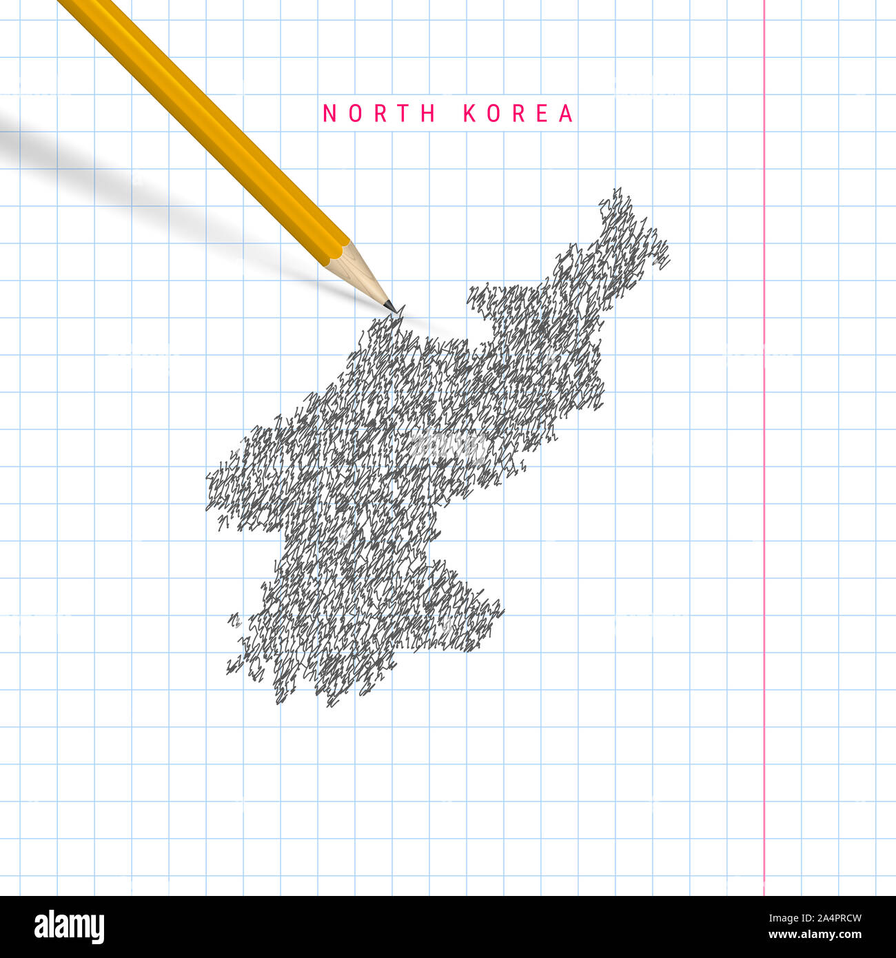 North Korea sketch scribble map drawn on checkered school notebook ...