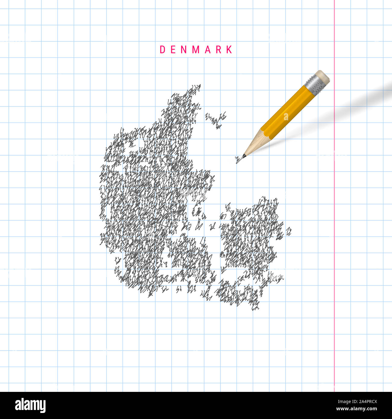 Denmark sketch scribble map drawn on checkered school notebook paper ...