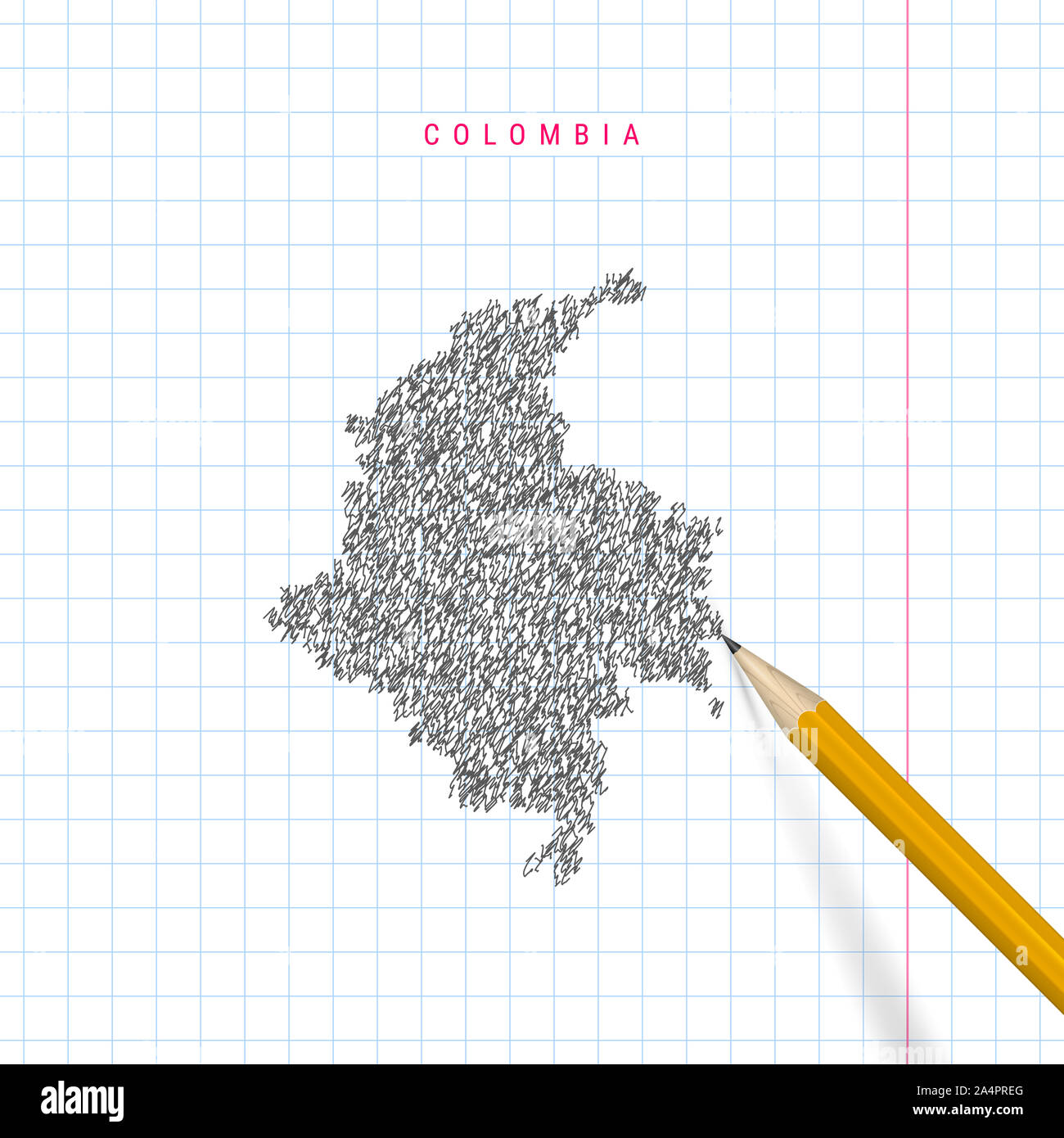 Colombia sketch scribble map drawn on checkered school notebook paper ...