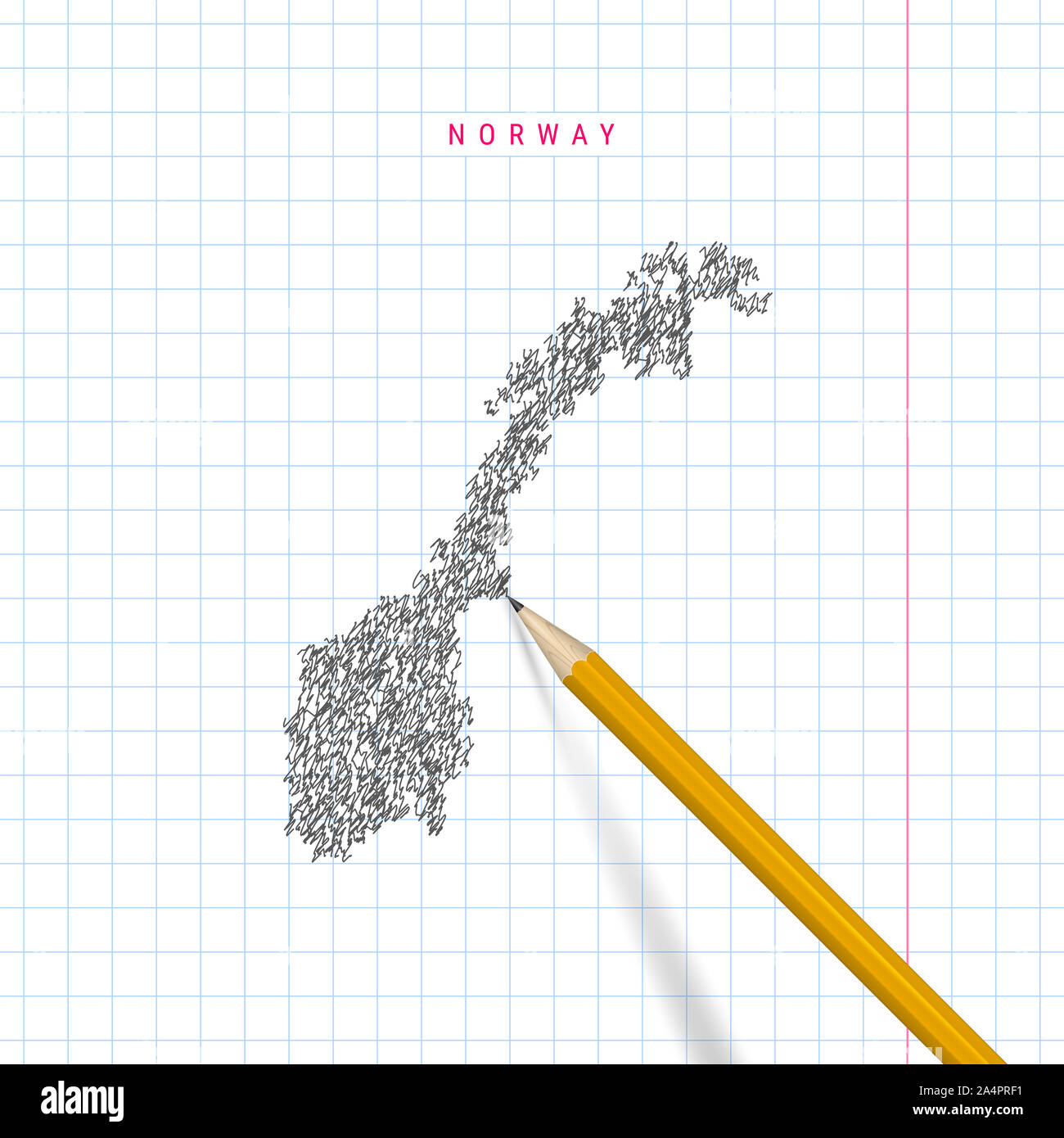 Norway sketch scribble map drawn on checkered school notebook paper ...