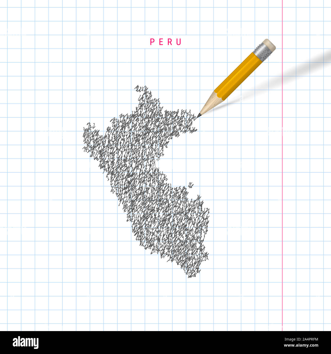 Peru sketch scribble map drawn on checkered school notebook paper ...