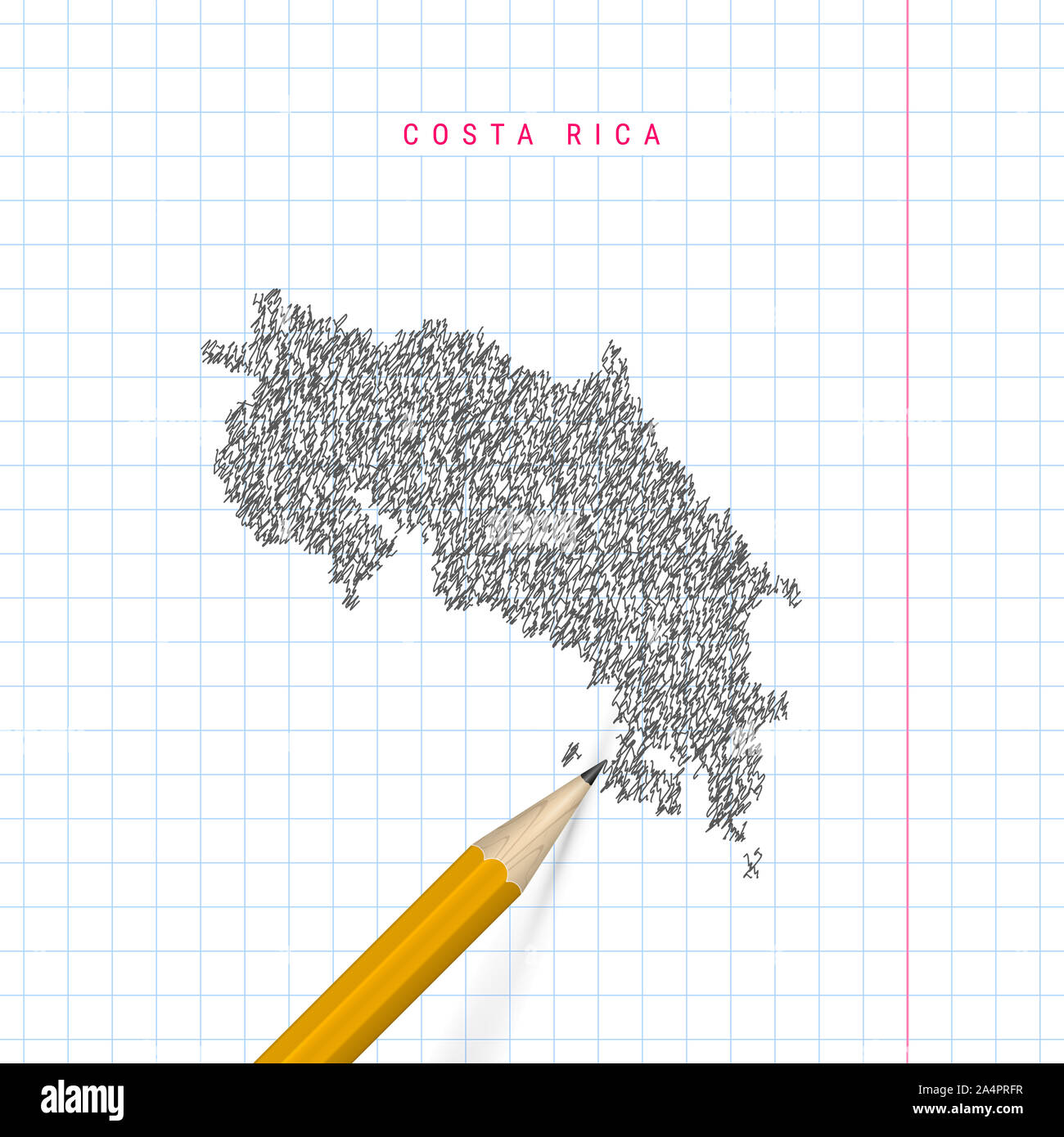 Costa Rica sketch scribble map drawn on checkered school notebook paper ...