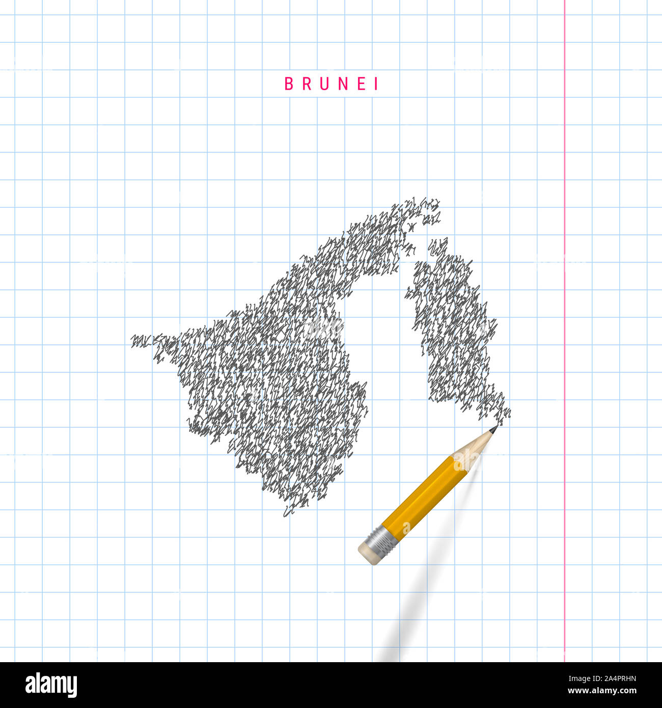 Brunei sketch scribble map drawn on checkered school notebook paper ...