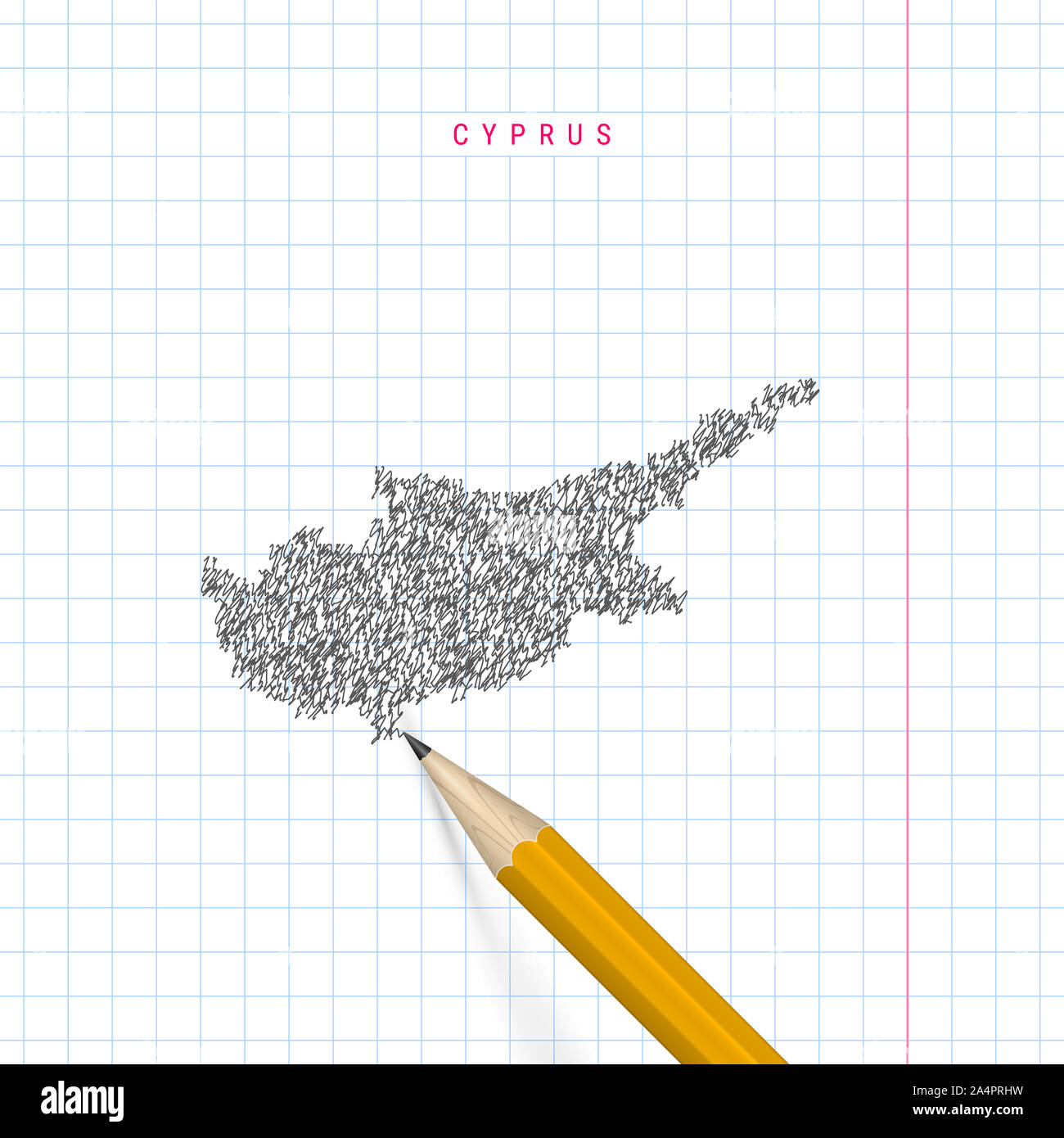 Cyprus sketch scribble map drawn on checkered school notebook paper ...