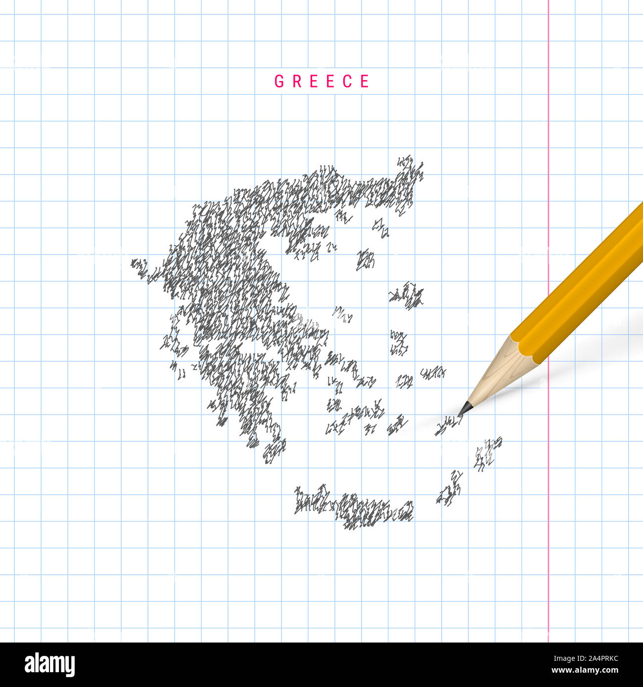 Greece sketch scribble map drawn on checkered school notebook paper background. Hand drawn map ...