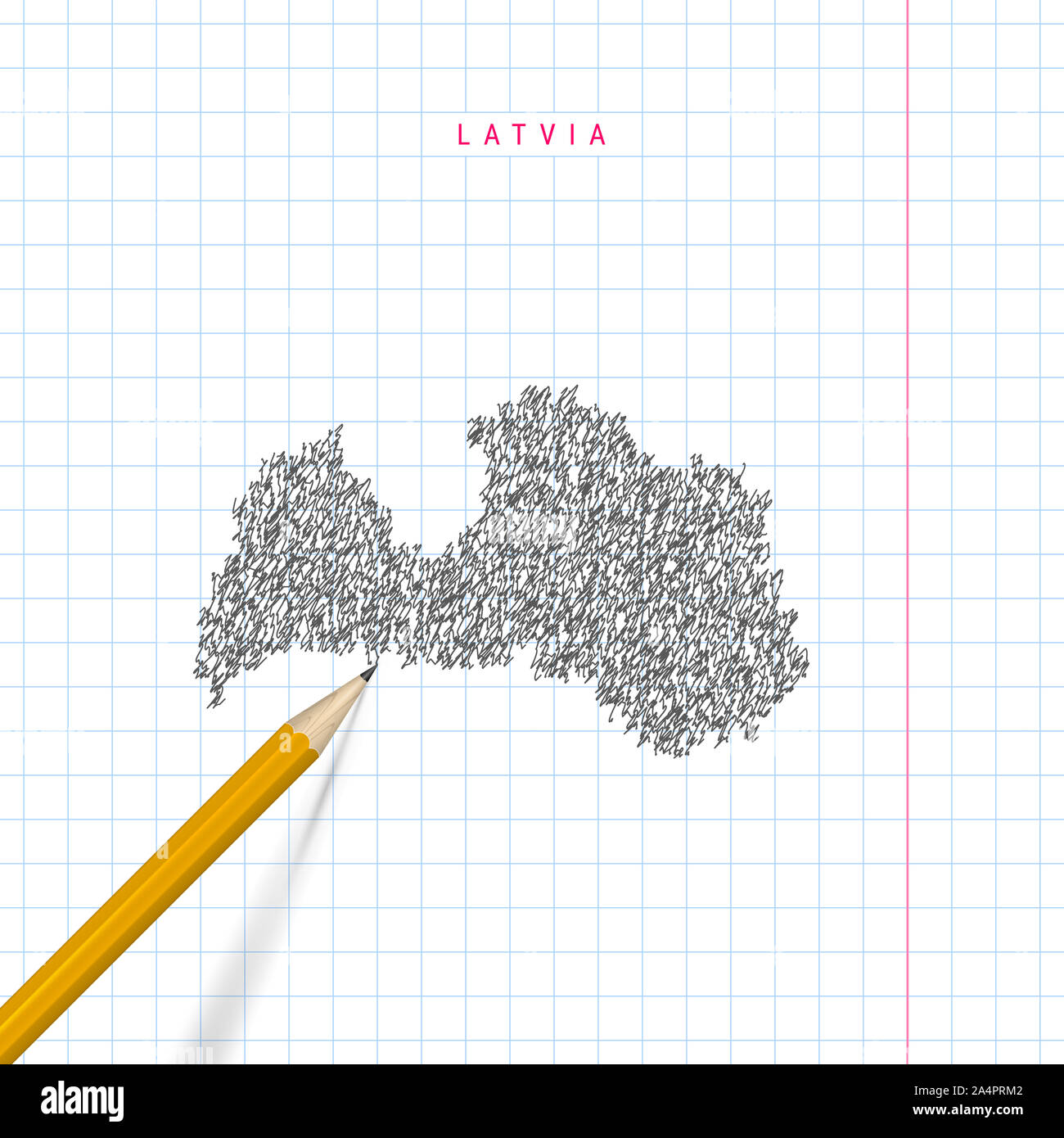 Latvia sketch scribble map drawn on checkered school notebook paper ...