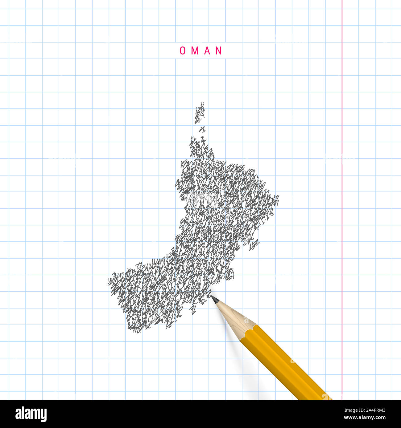 Oman sketch scribble map drawn on checkered school notebook paper ...