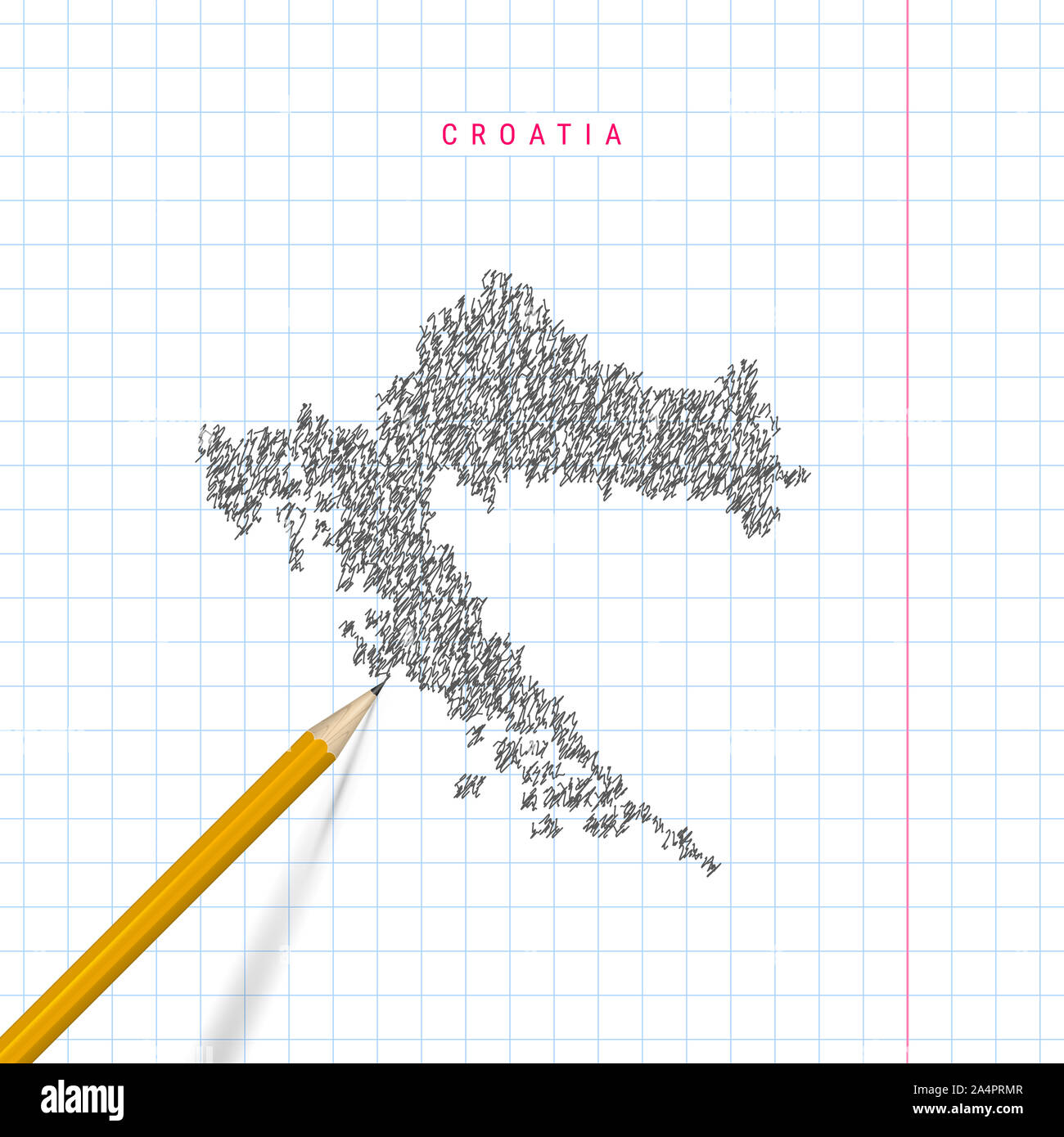 Croatia sketch scribble map drawn on checkered school notebook paper ...