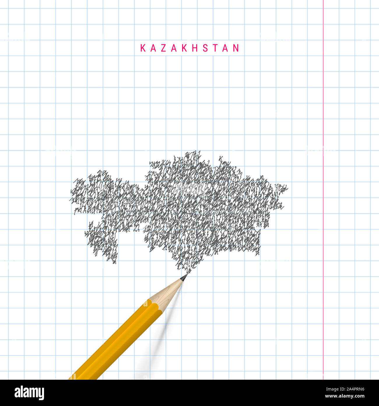 Kazakhstan sketch scribble map drawn on checkered school notebook paper ...