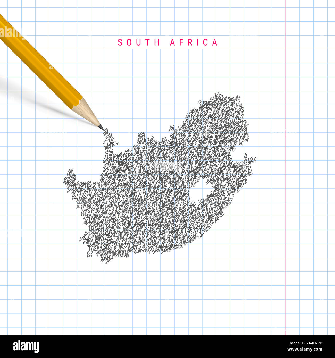 South Africa sketch scribble map drawn on checkered school notebook paper background. Hand drawn ...