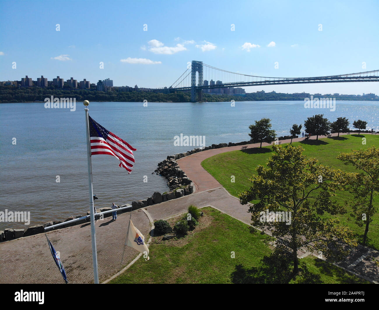 Aerial view of American flag with George Washington Bridge in Fort Lee ...