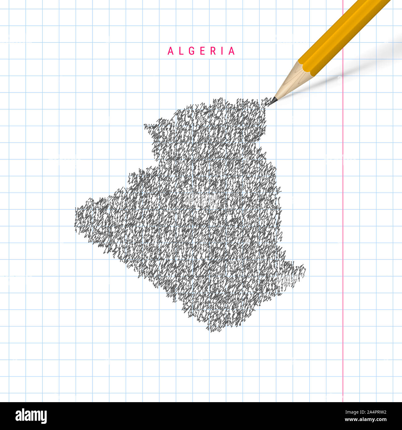 Algeria sketch scribble map drawn on checkered school notebook paper ...