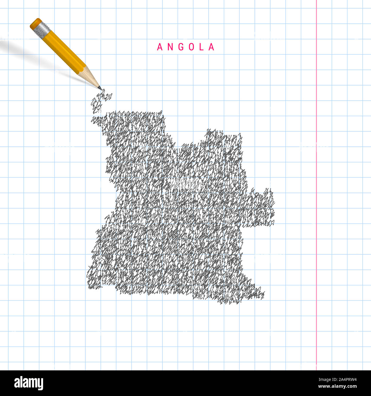 Angola sketch scribble map drawn on checkered school notebook paper ...