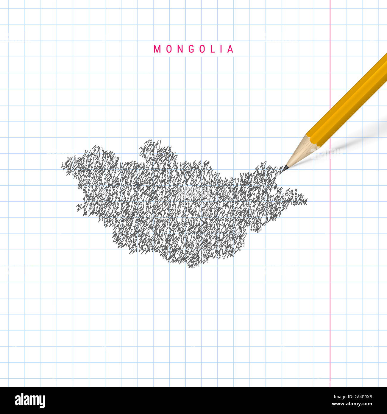 Mongolia sketch scribble map drawn on checkered school notebook paper background. Hand drawn map ...