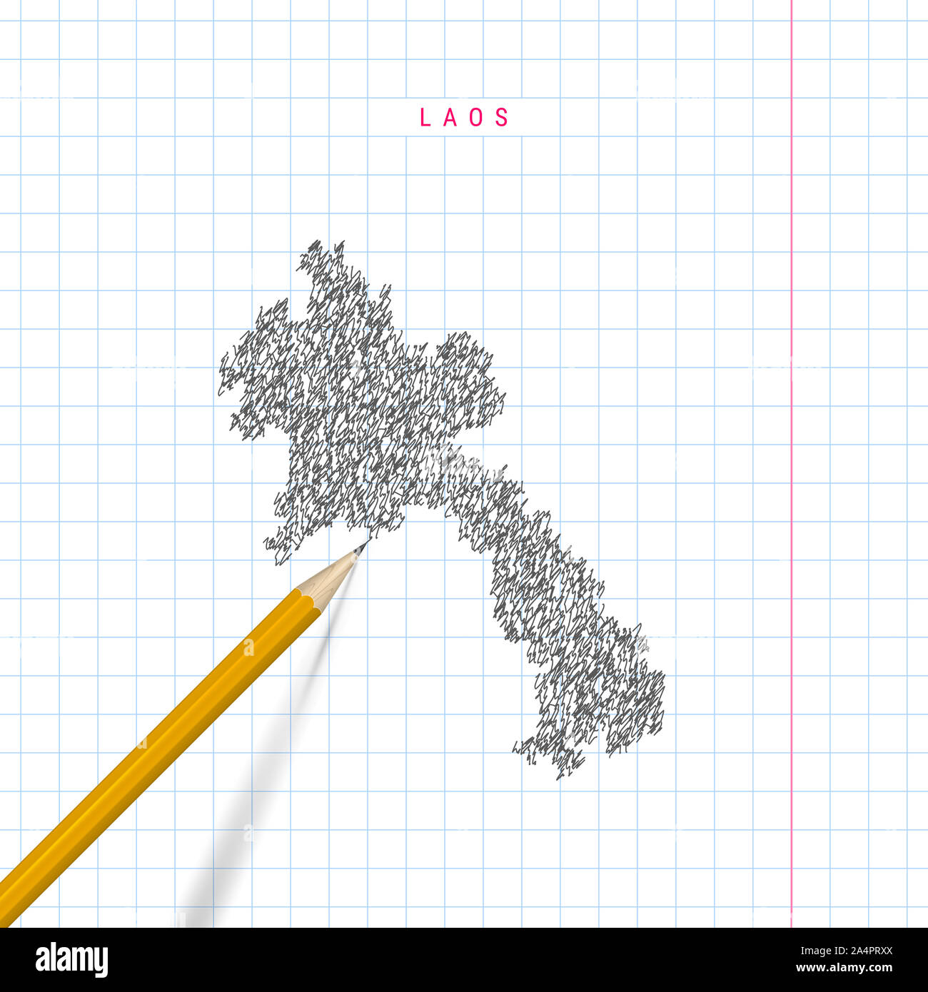 Laos sketch scribble map drawn on checkered school notebook paper ...