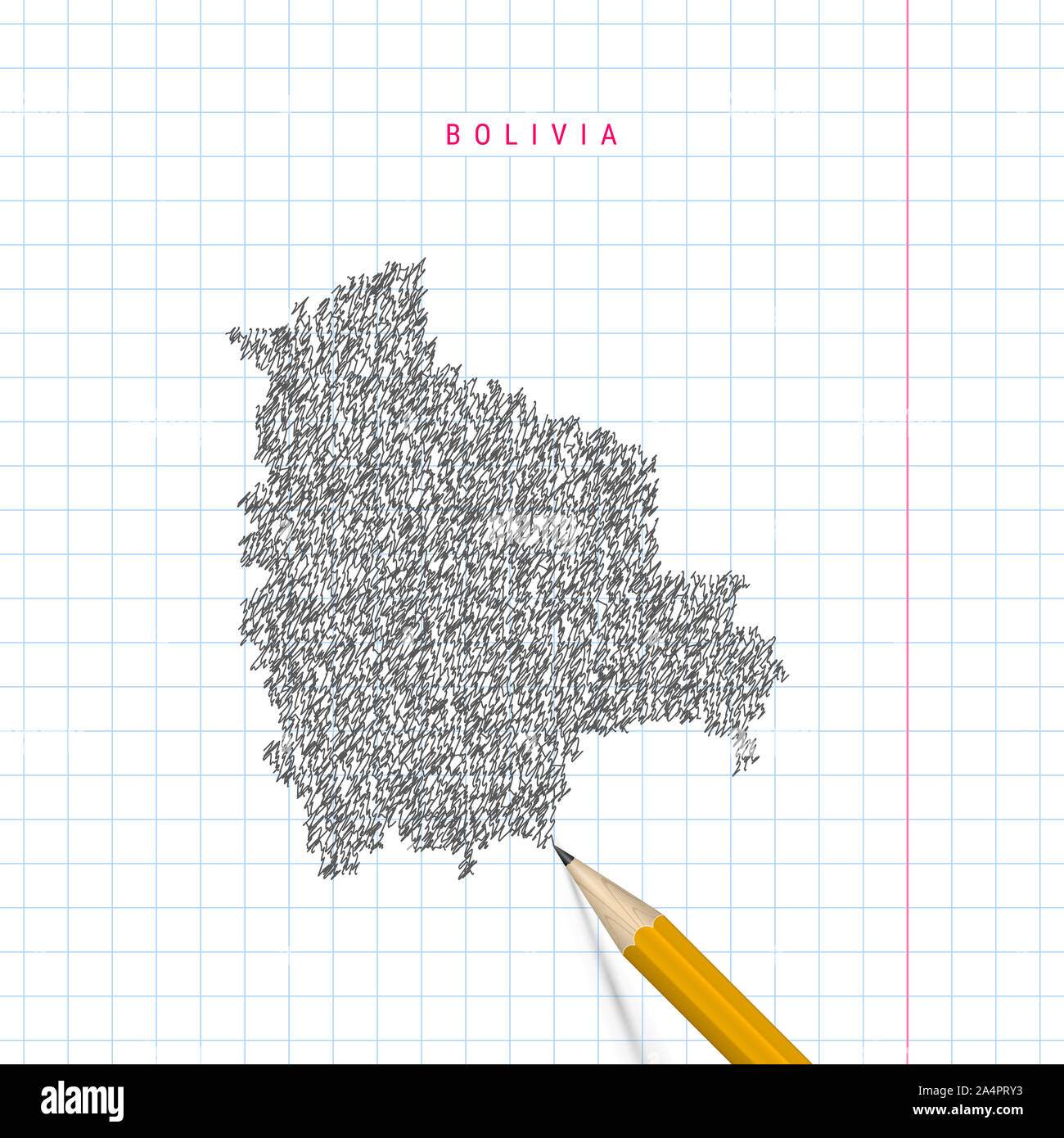 Bolivia sketch scribble map drawn on checkered school notebook paper ...