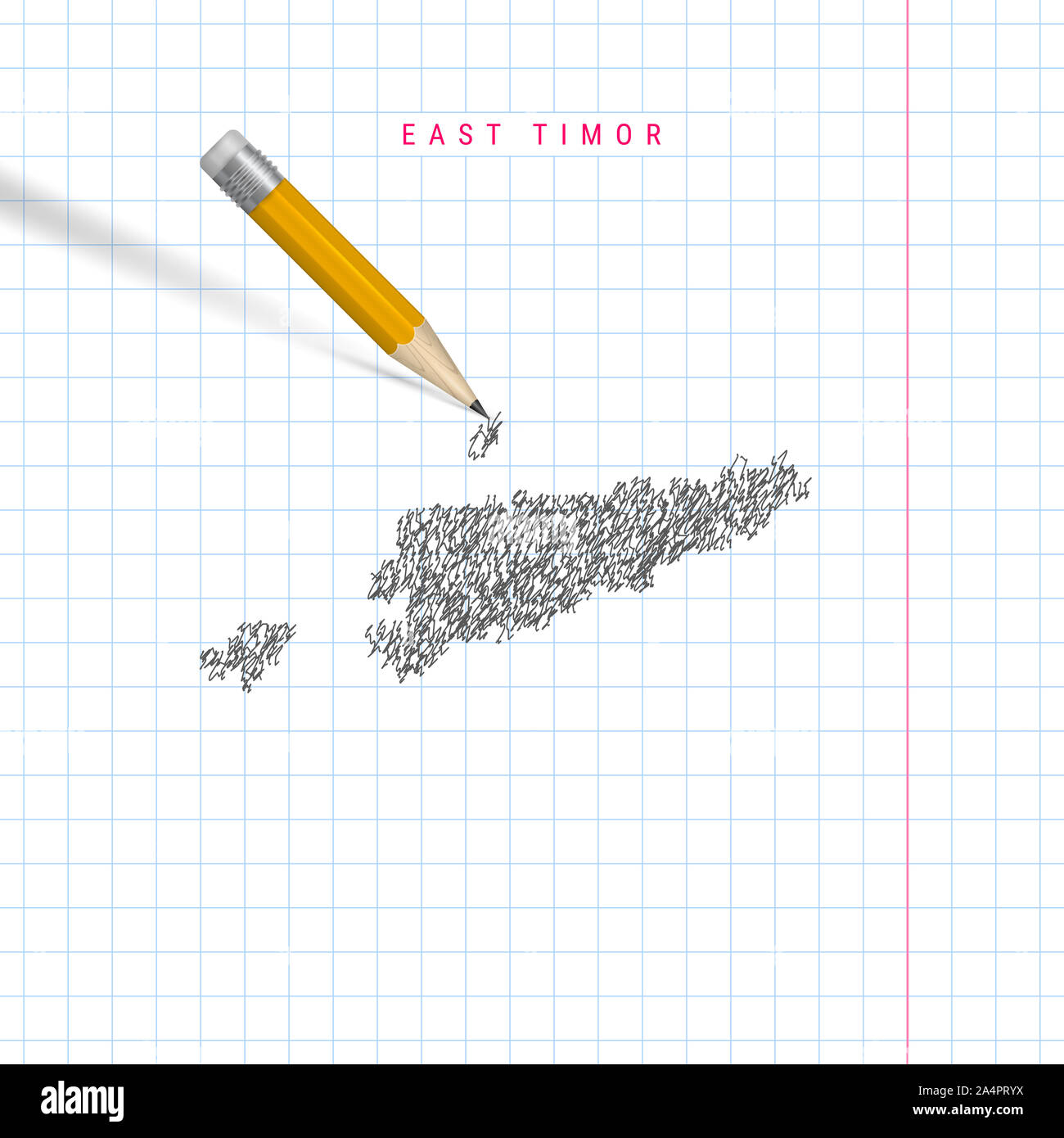 East Timor sketch scribble map drawn on checkered school notebook paper ...