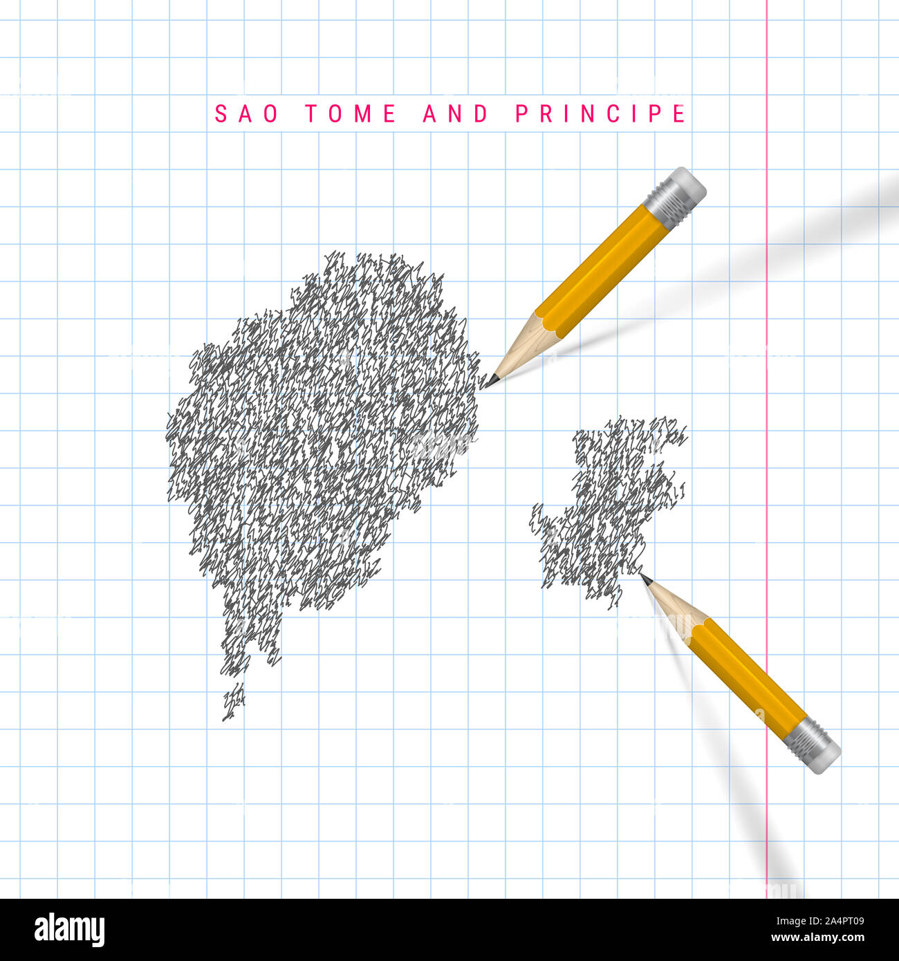 Sao Tome and Principe sketch scribble map drawn on checkered school ...