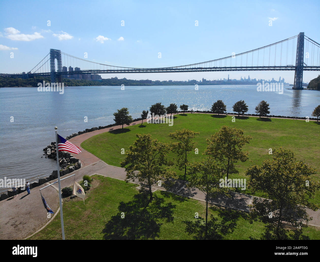 Aerial view of American flag with George Washington Bridge in Fort Lee ...