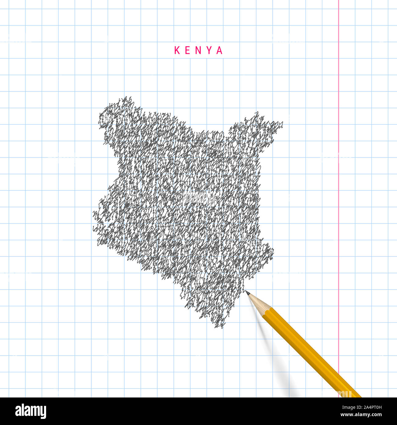 Kenya sketch scribble map drawn on checkered school notebook paper ...