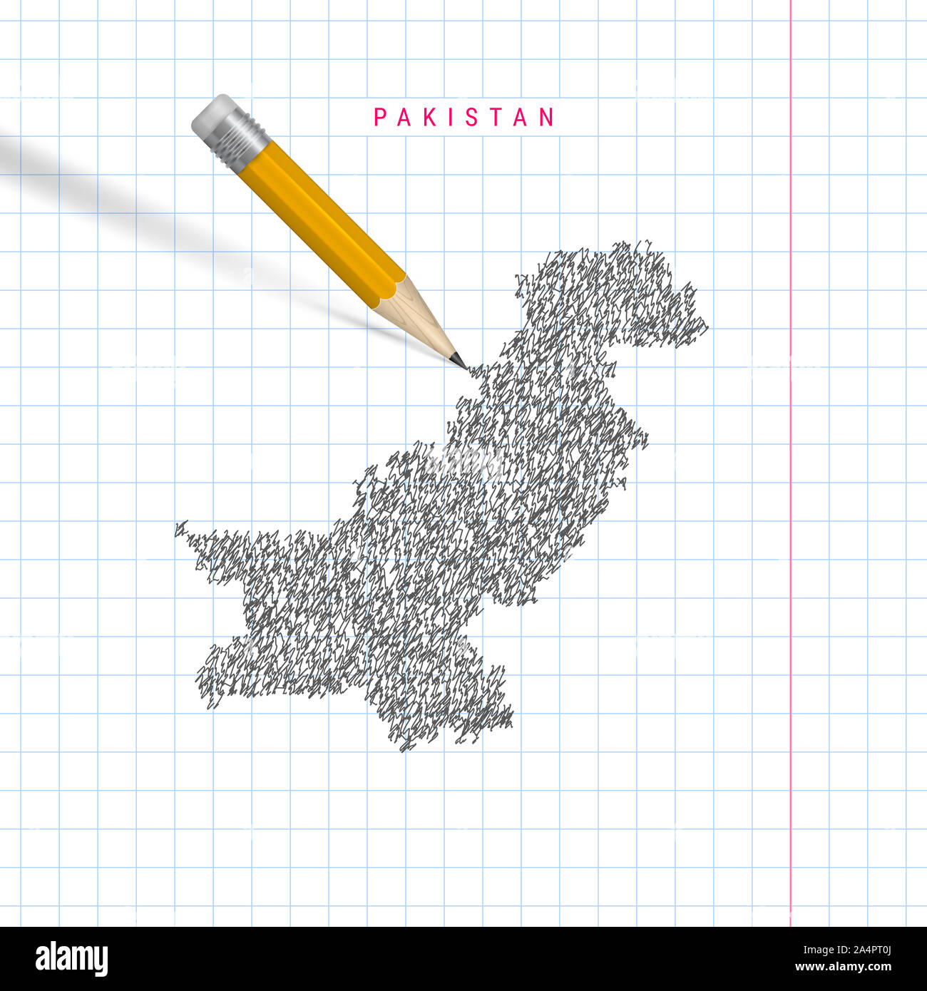Pakistan sketch scribble map drawn on checkered school notebook paper ...