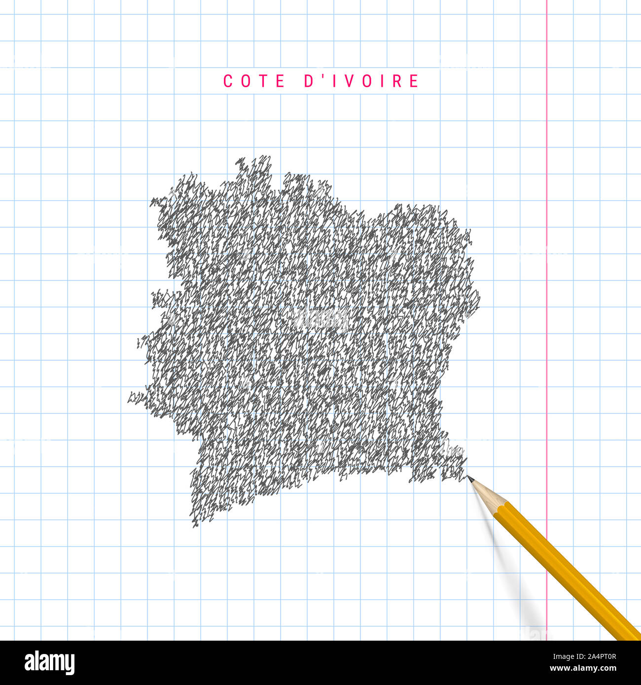 Cote D'Ivoire sketch scribble map drawn on checkered school notebook ...