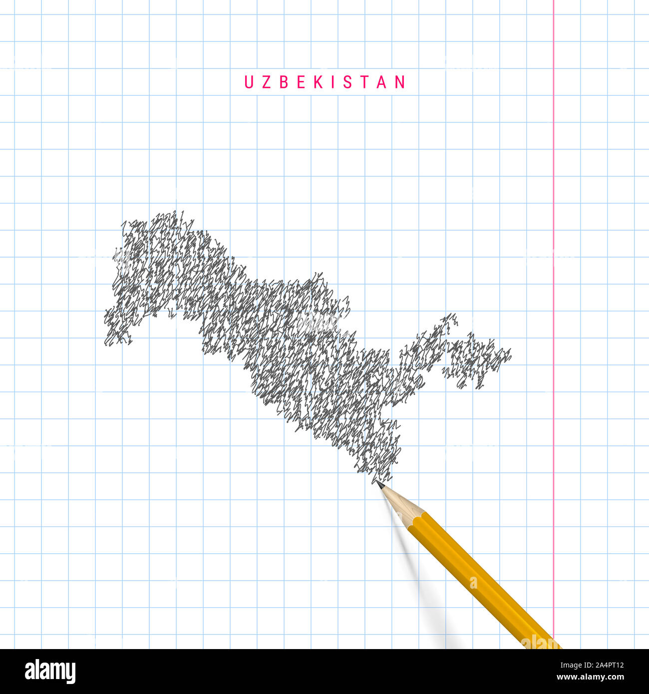 Uzbekistan sketch scribble map drawn on checkered school notebook paper ...
