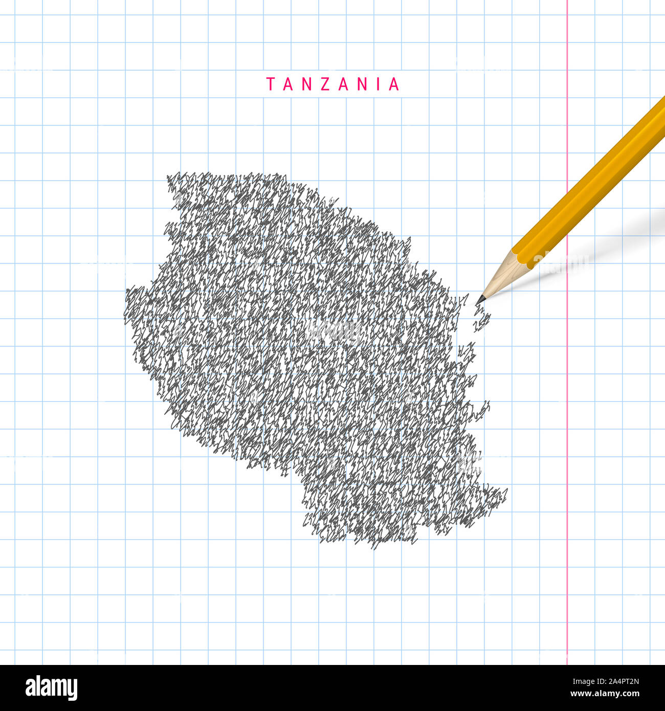 Tanzania sketch scribble map drawn on checkered school notebook paper ...