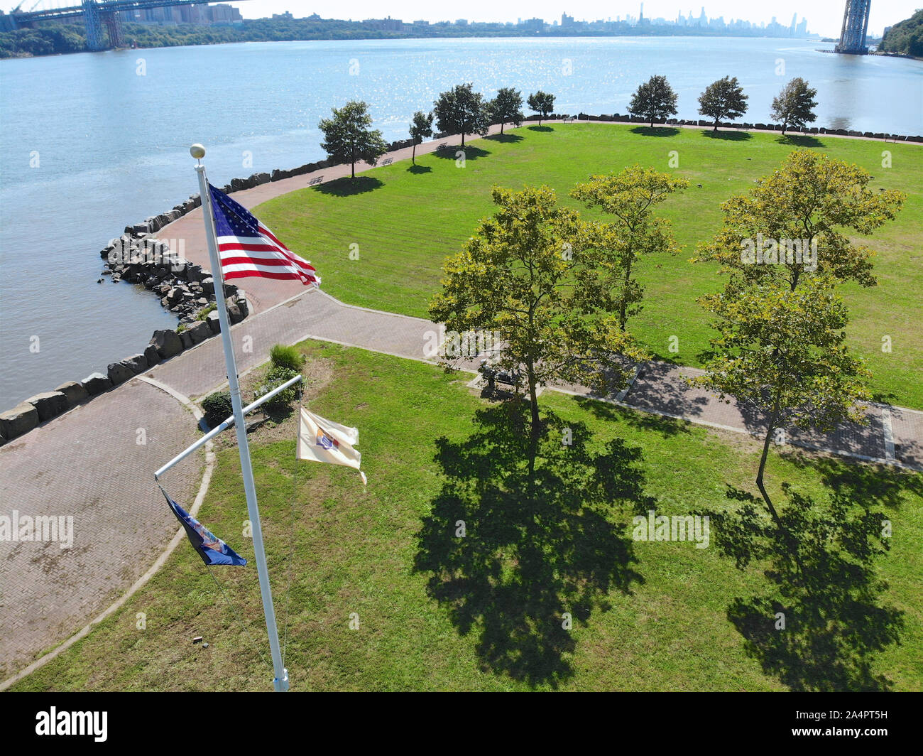 Aerial view of American flag with George Washington Bridge in Fort Lee ...