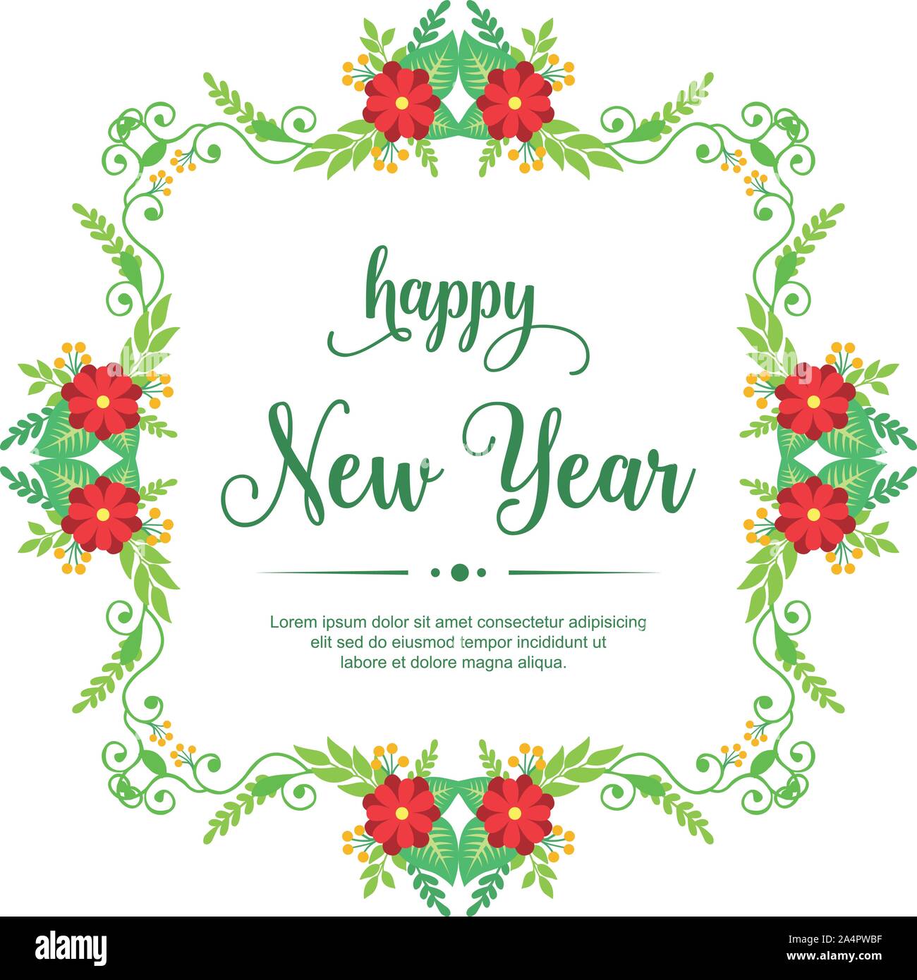 Text happy new year, with red wreath frame background. Vector Stock ...