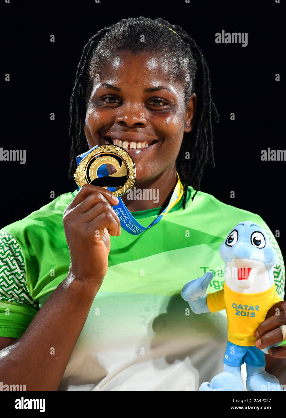 Doha, Qatar. 15th Oct, 2019. Gold medalist Blessing Joy Onyebuchi of Nigeria poses for photos ...