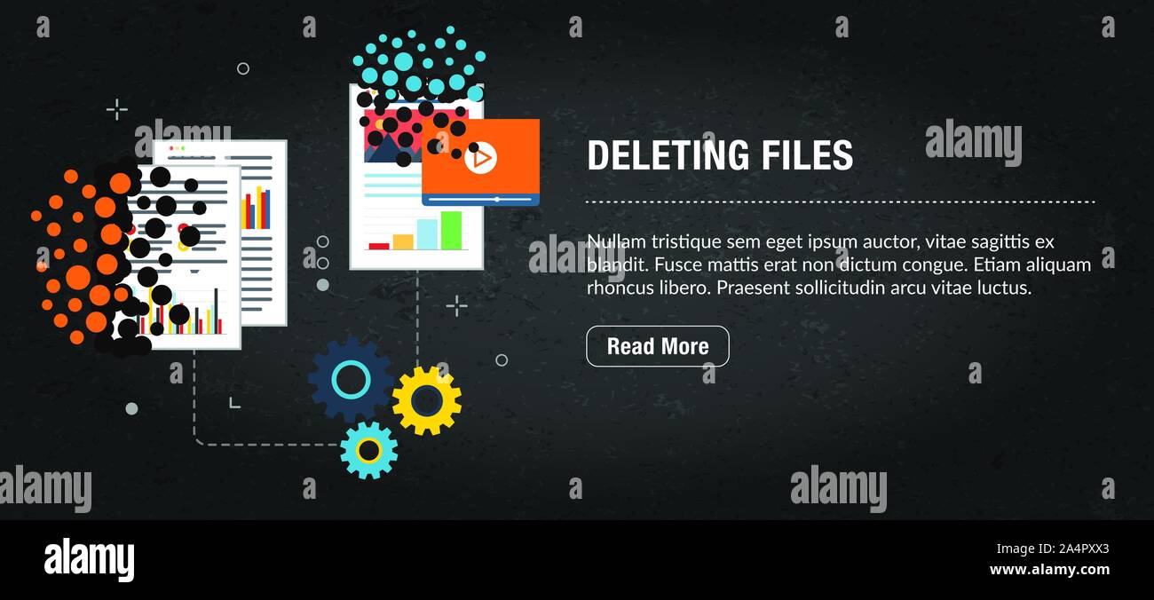 Deleting files, banner internet with icons in vector. Web banner ...