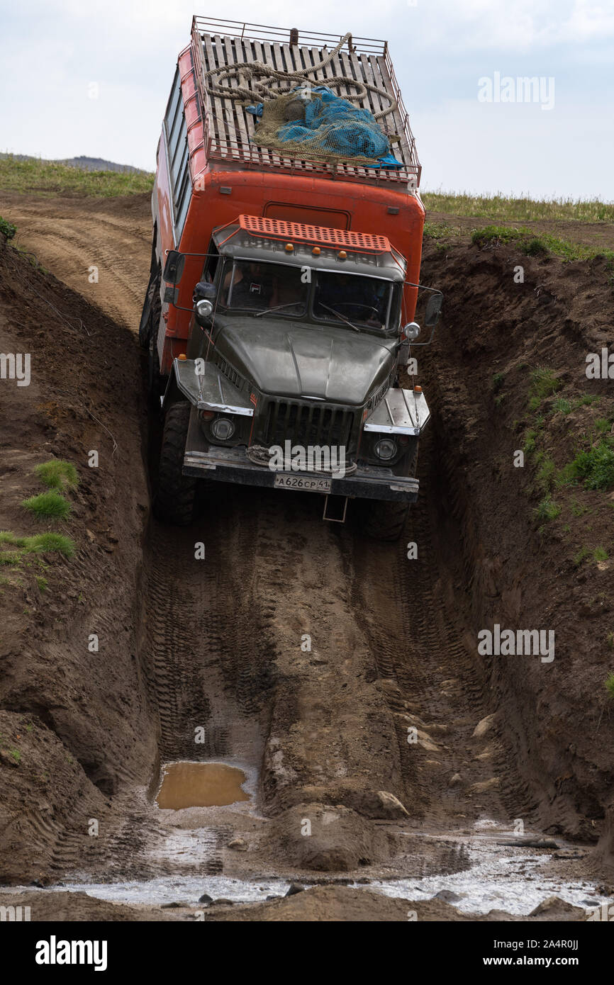Russian off-road extreme expedition truck Ural driving on dirty muddy ...