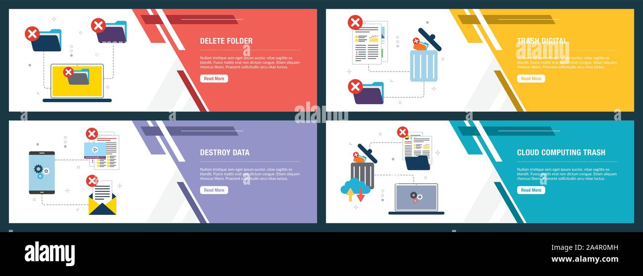Vector set of vertical web banners with delete folder, trash digital, destroy data and cloud ...