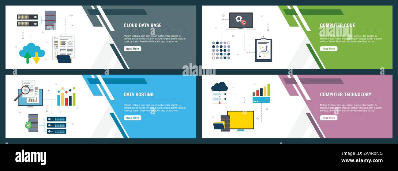 Vector set of vertical web banners with cloud data base, computer code ...