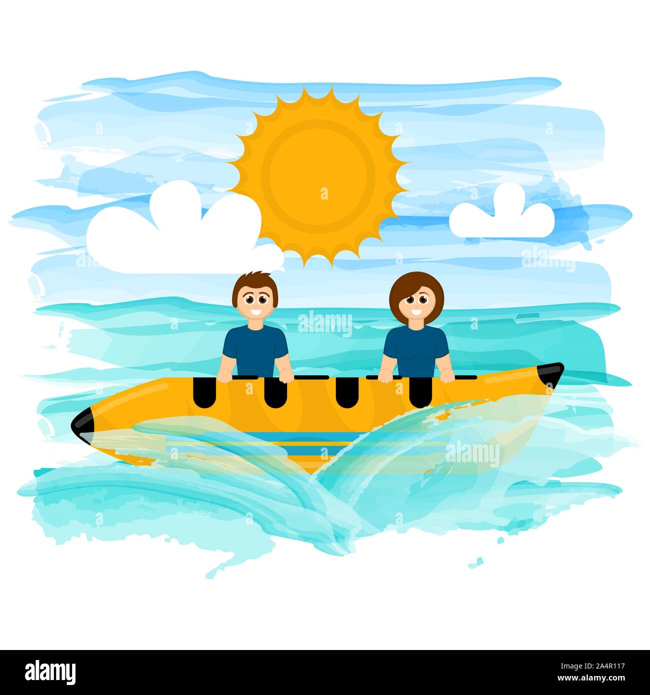 Floating banana boat with a couple on a tropical sea - Vector Stock ...