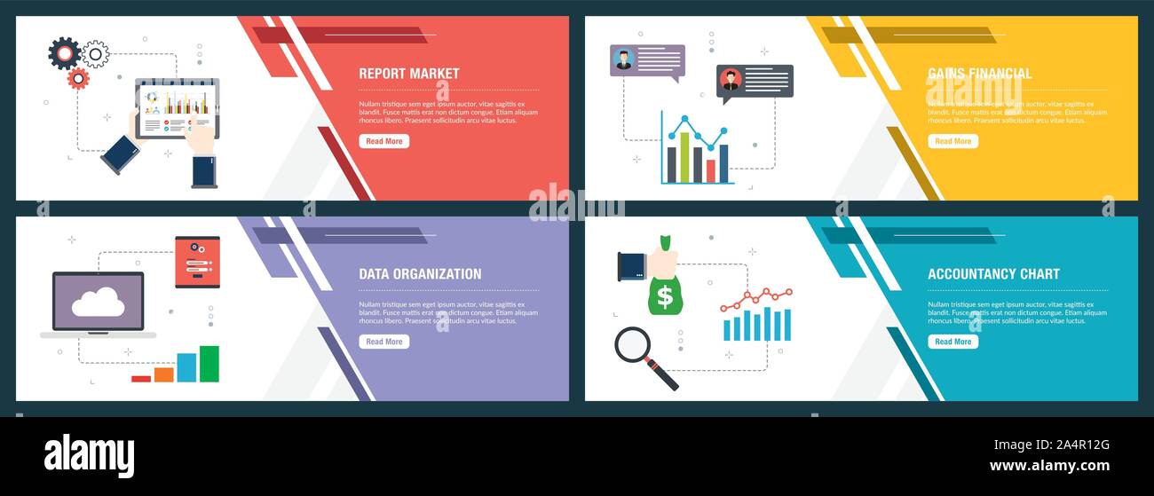 Web banners concept in vector with report market, gains financial, data ...