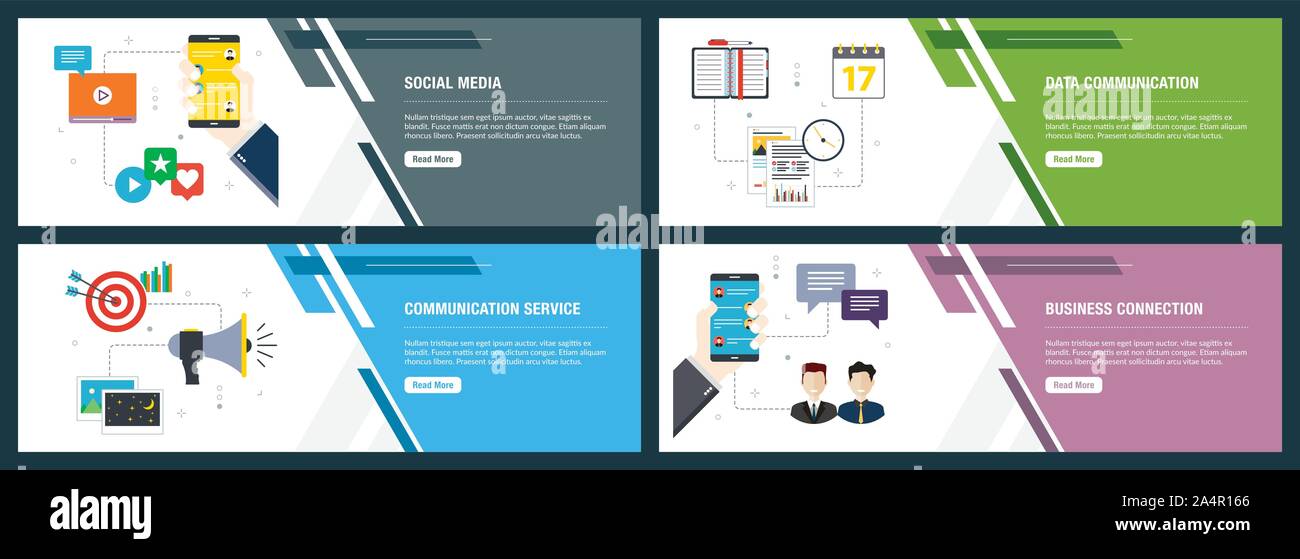 Vector set of vertical web banners with social media, data communication, communication service ...