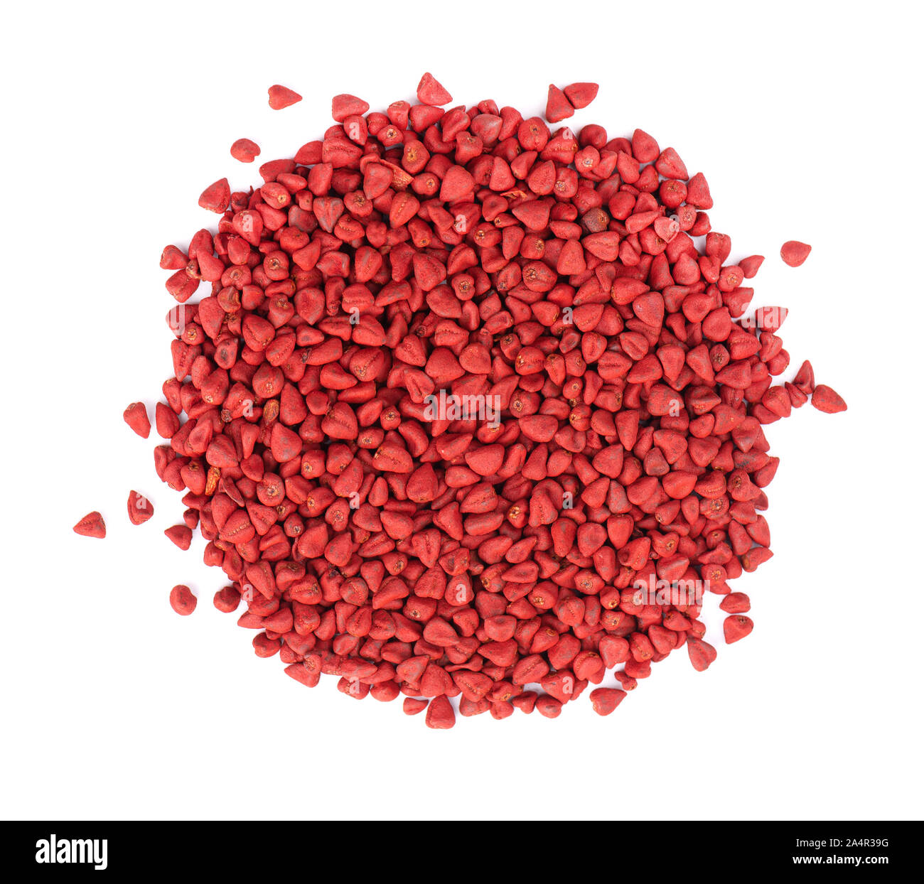 Annatto seeds, isolated on a white background. Achiote seeds, bixa ...