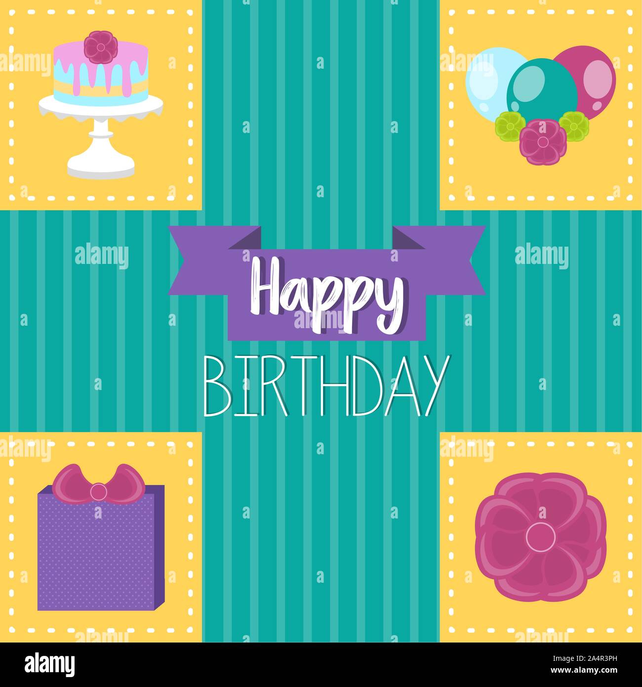 Colored birthday card with a cake, present and balloons - Vector Stock ...
