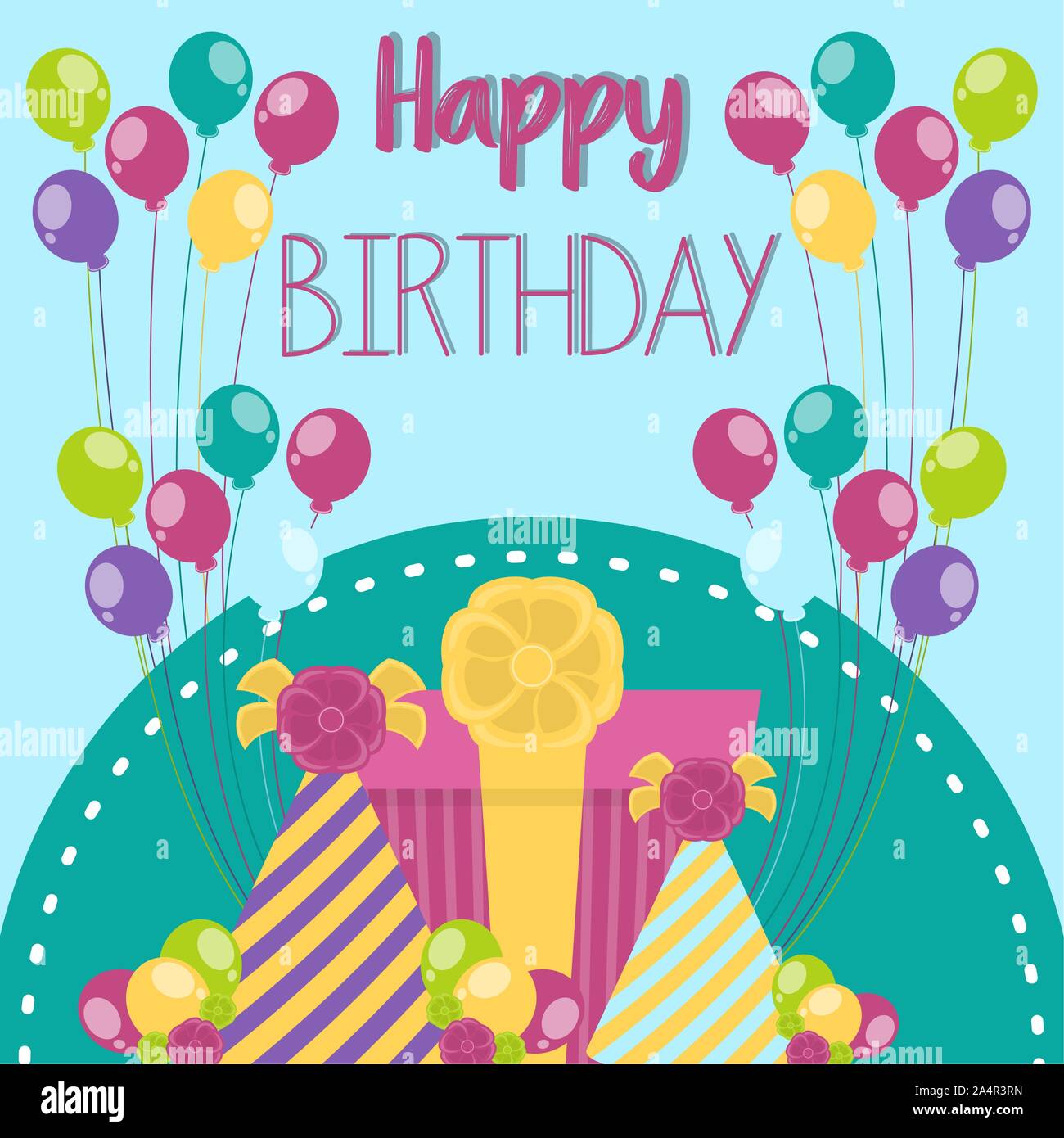 Colored birthday card with different objects like party hats and ...