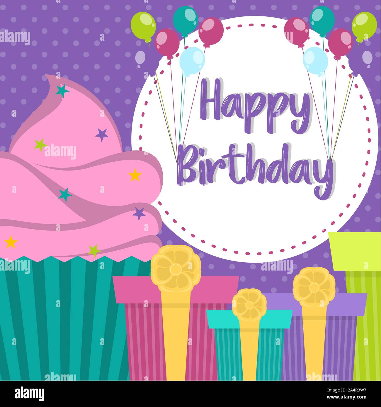 Colored birthday card with a cupcake, presents and balloons - Vector ...