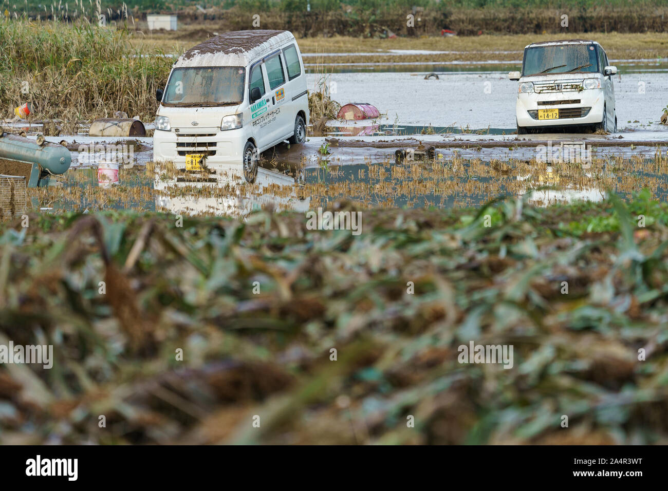 The Chikuma River overflows due to Typhoon Hagibis in Nagano Prefecture ...