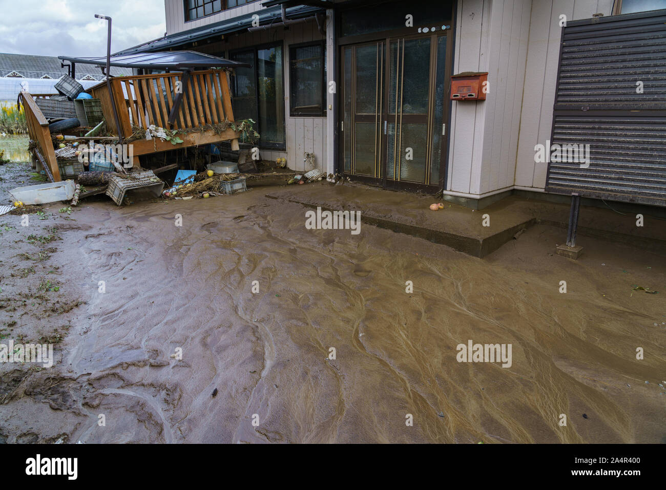 The Chikuma River overflows due to Typhoon Hagibis in Nagano Prefecture ...